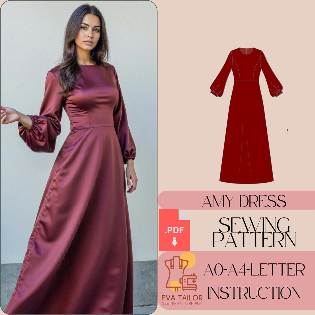 Satin A-line Dress Sewing Pattern, Long Sleeve (PDF Pattern) - Etsy