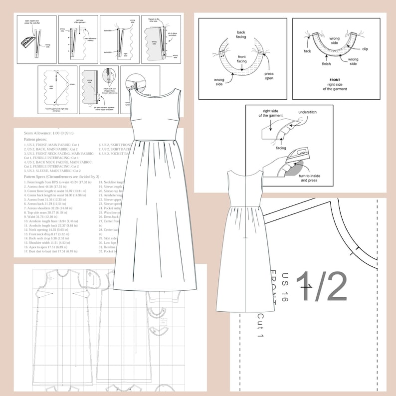 Midi Cocktail Dress Sewing Pattern Boat Neck Gathered Dress PDF Digital ...