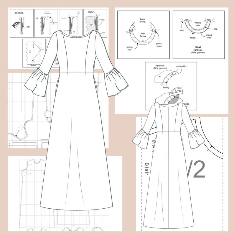 A-line Evening Dress Sewing Pattern, Flared Sleeve (PDF Pattern) - Etsy