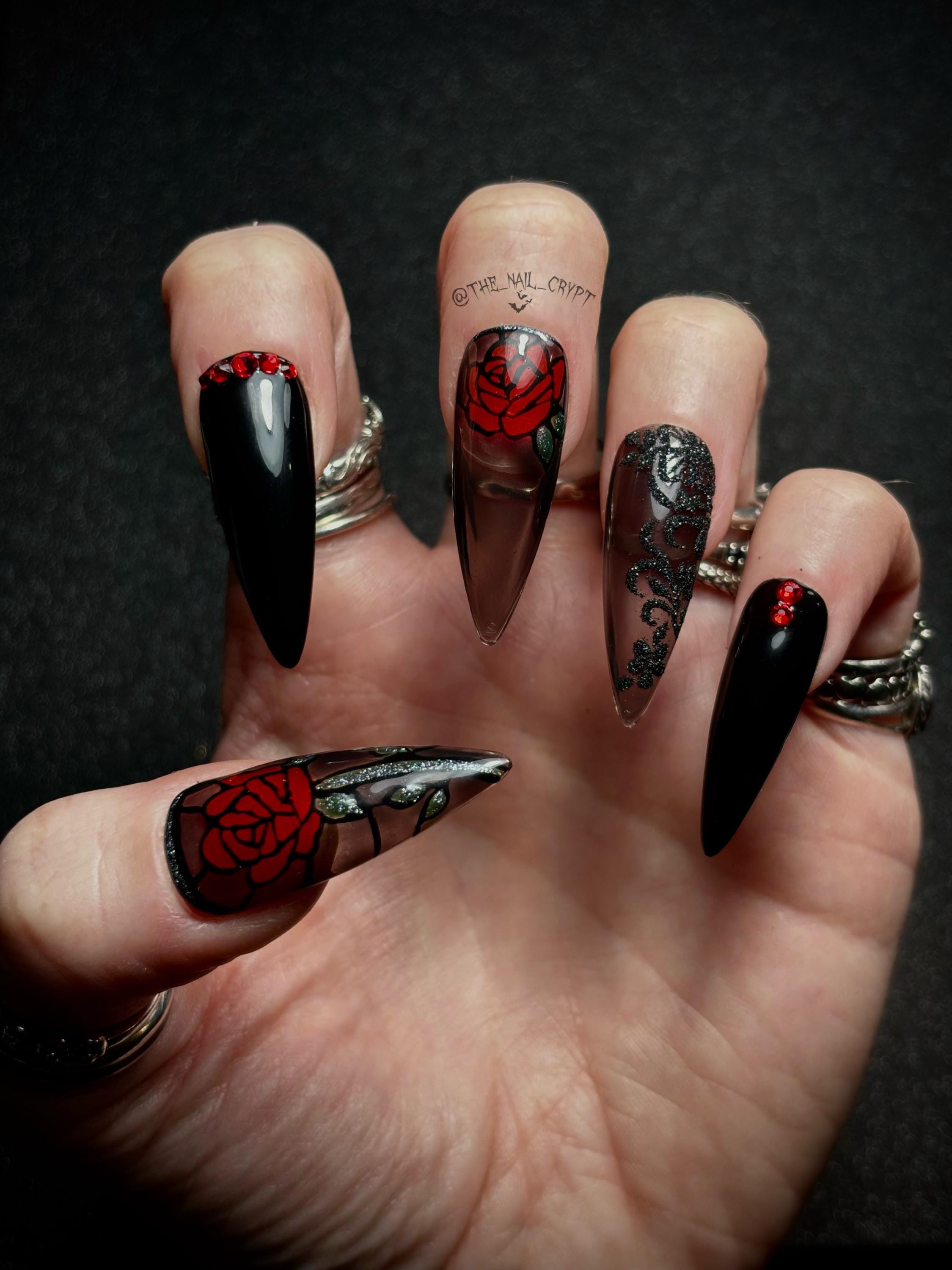Morticia | Press on Nails | Gothic Nails | Spooky Nails | Adams Family ...