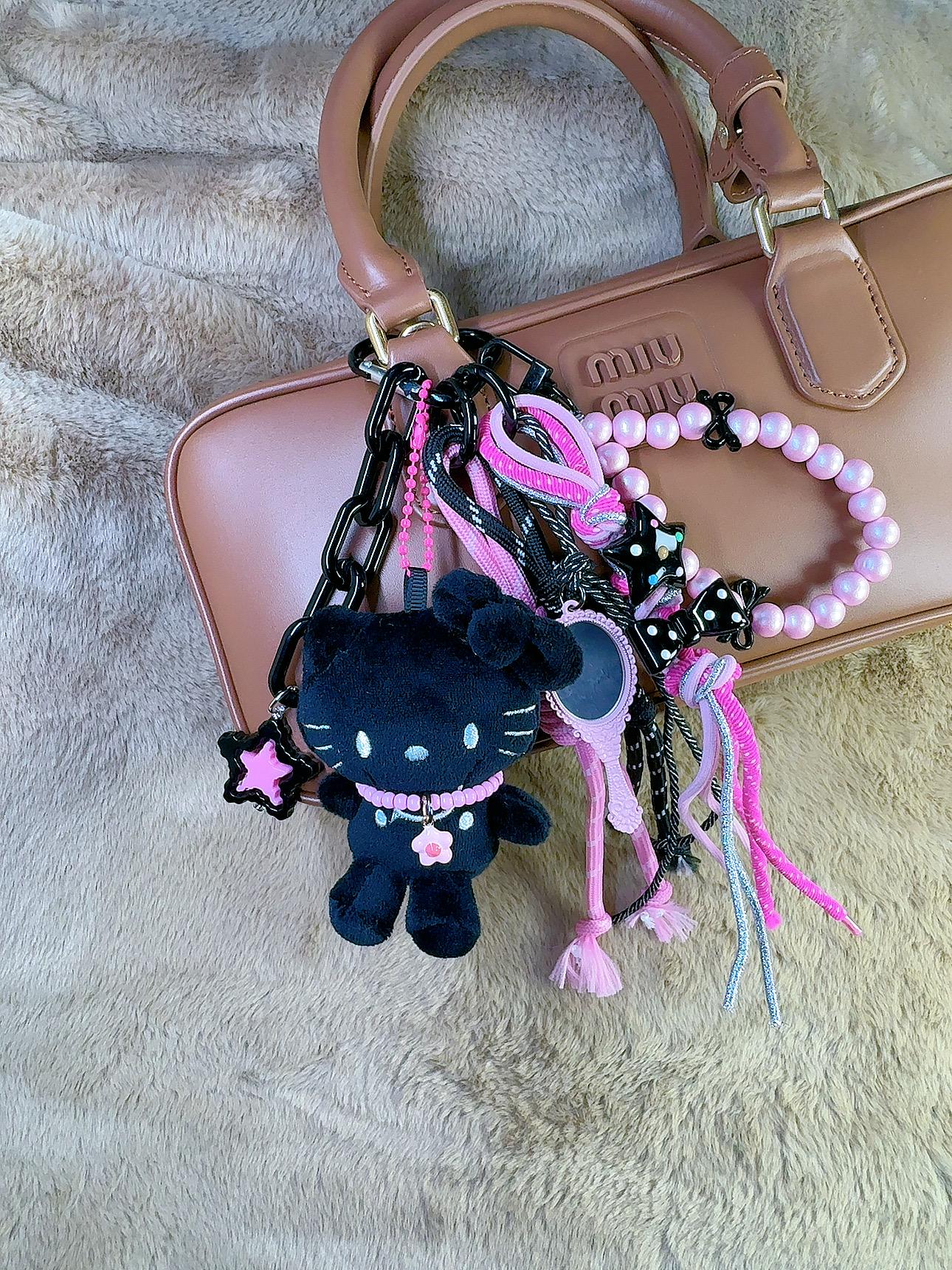 Cute Black Hello Kitty Keychain Set With Charms, Elegant Pink Beads ...