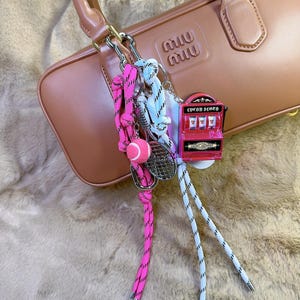 Retro Lucky Jackpot Bag Charm, Tennis Bag Charm, White and Pink Rope ...
