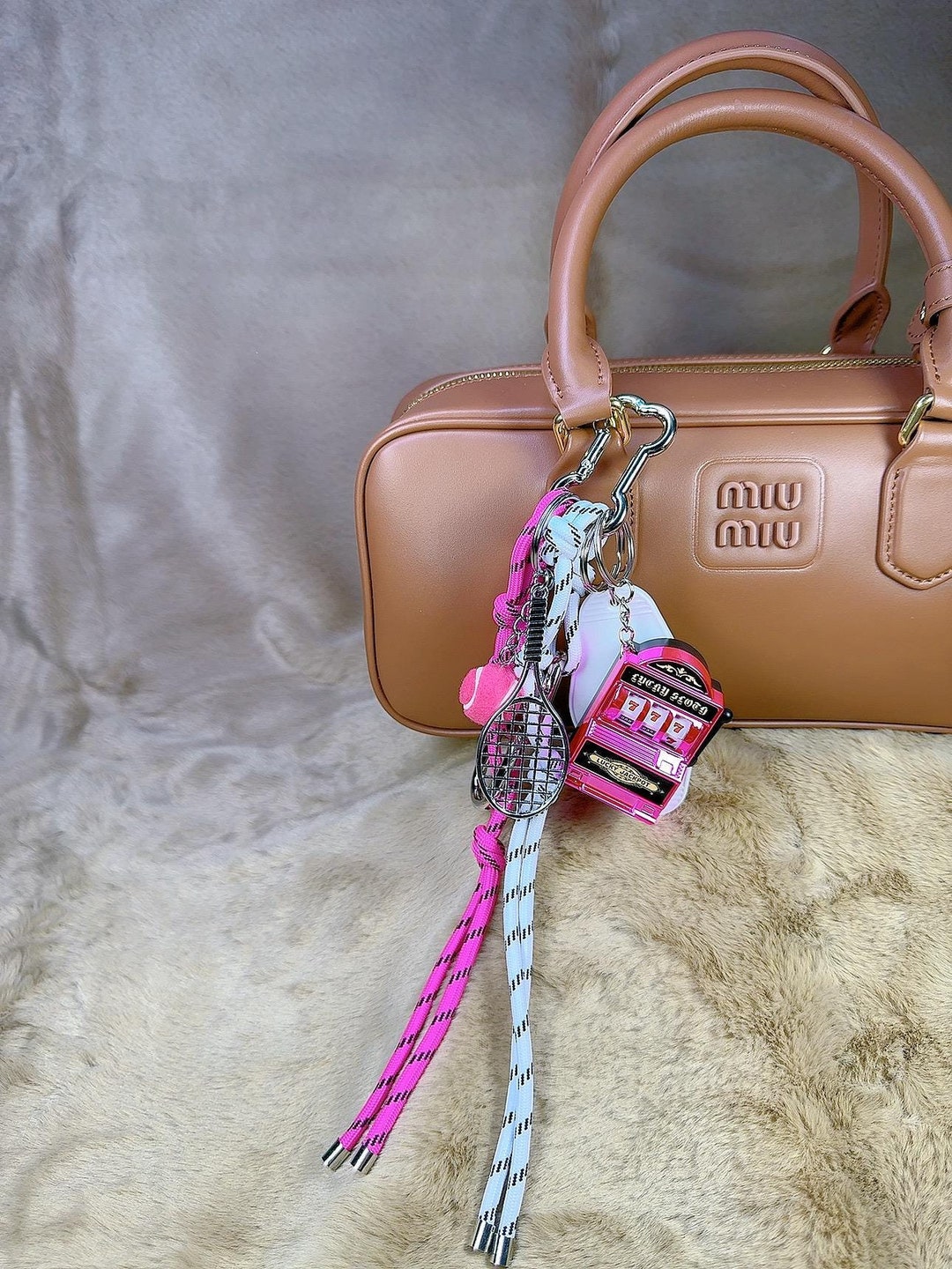 Retro Lucky Jackpot Bag Charm, Tennis Bag Charm, White and Pink Rope ...