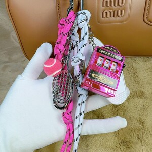Retro Lucky Jackpot Bag Charm, Tennis Bag Charm, White and Pink Rope ...