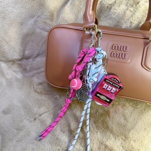 Retro Lucky Jackpot Bag Charm, Tennis Bag Charm, White and Pink Rope ...