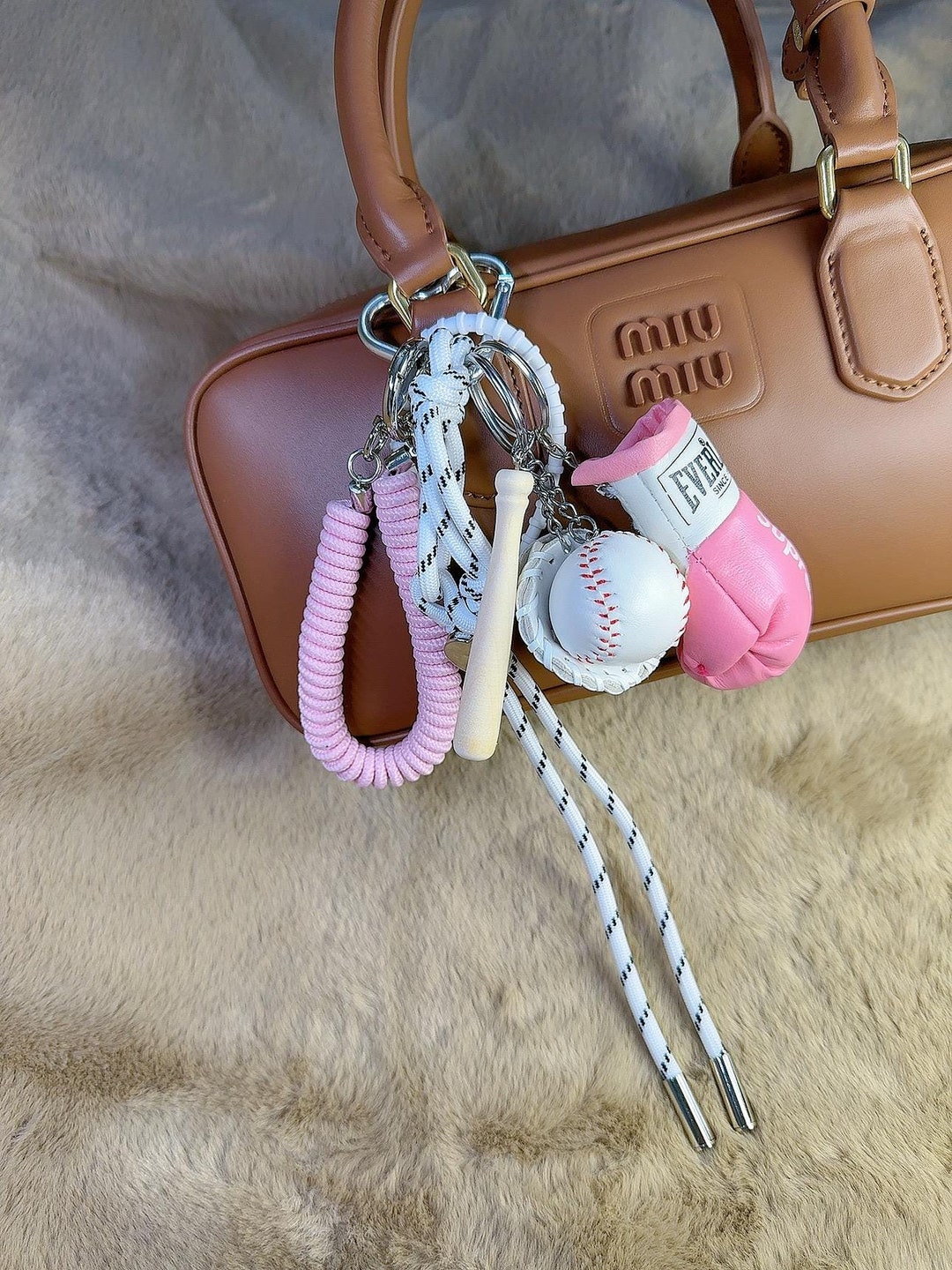 Trendy Pink Boxing Gloves Bag Charm, Baseball Three-piece Set Bag Charm ...