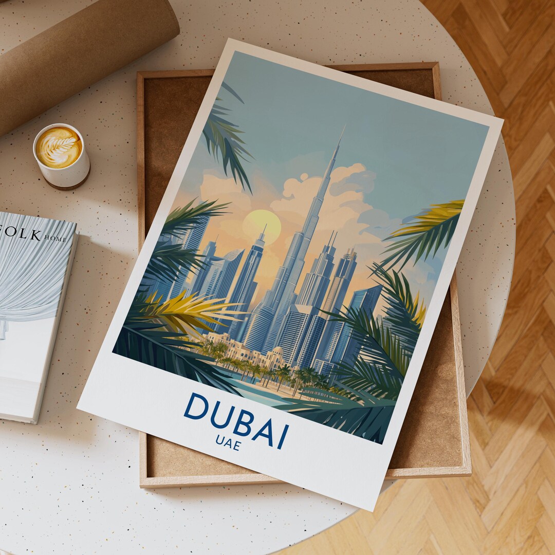Dubai UAE Travel Poster Featuring Burj Khalifa Skyline, Palm Trees and ...