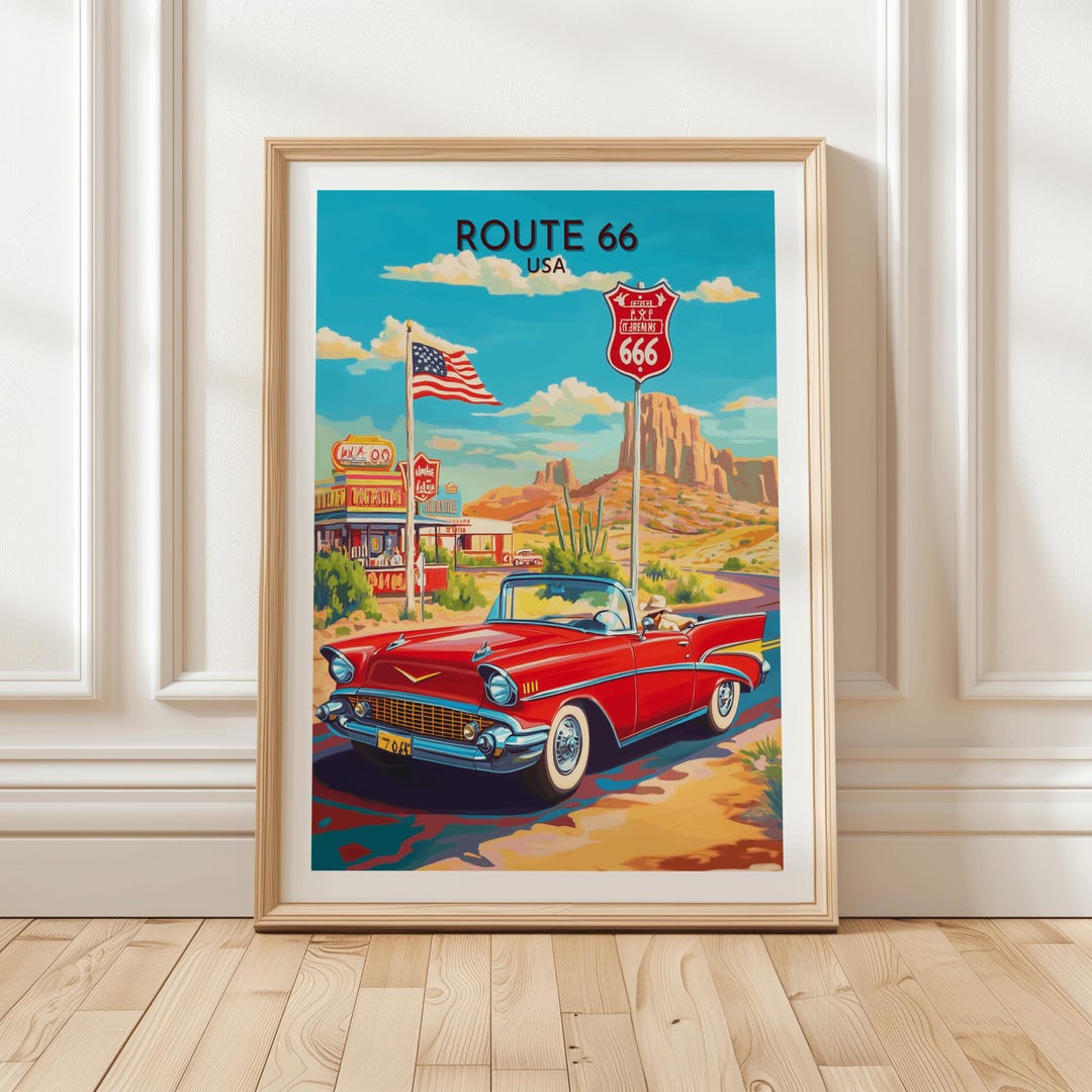Route 66 Poster Featuring Classic Red Convertible and Vintage Diner ...