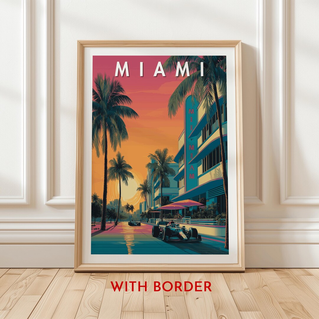 Vibrant Miami F1 Grand Prix Art Print, Retro Art Deco Ocean Drive ...