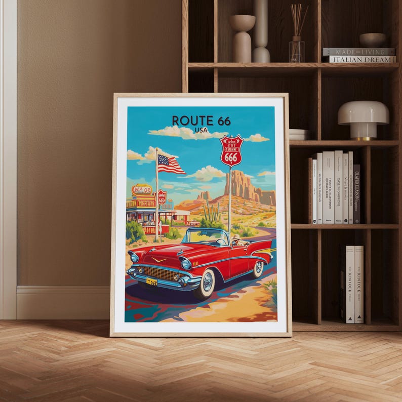 Route 66 Poster Featuring Classic Red Convertible and Vintage Diner ...