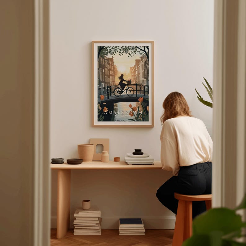 Amsterdam Netherlands Travel Poster Featuring Woman on Bicycle Crossing ...