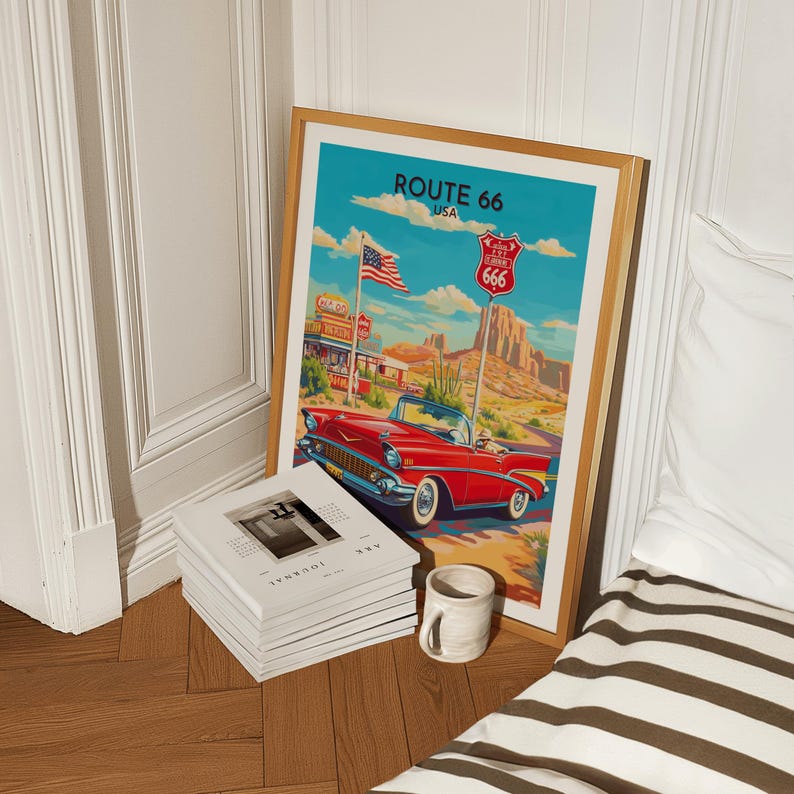 Route 66 Poster Featuring Classic Red Convertible and Vintage Diner ...