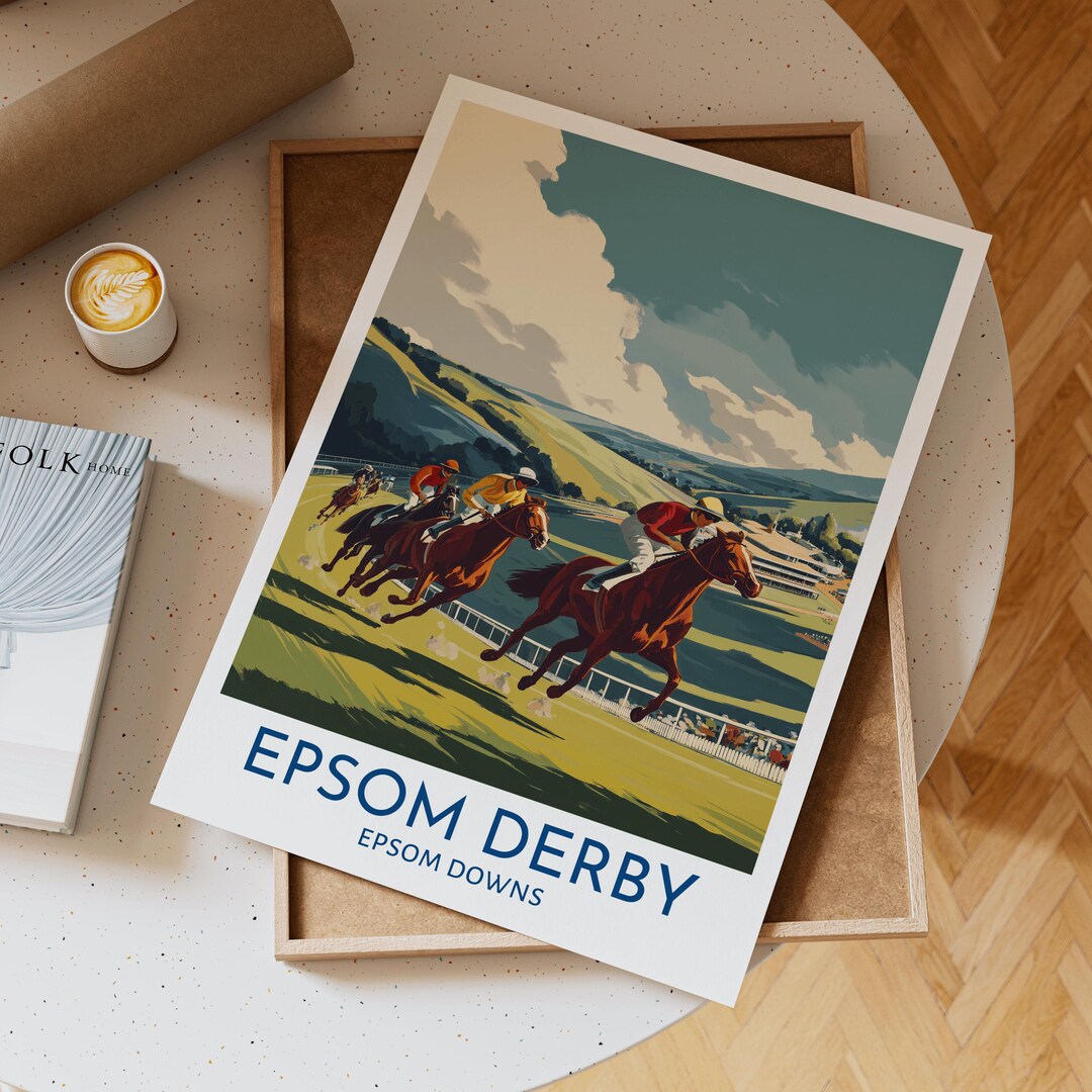 Epsom Derby Horse Racing Poster With Jockeys Thundering Through Epsom ...