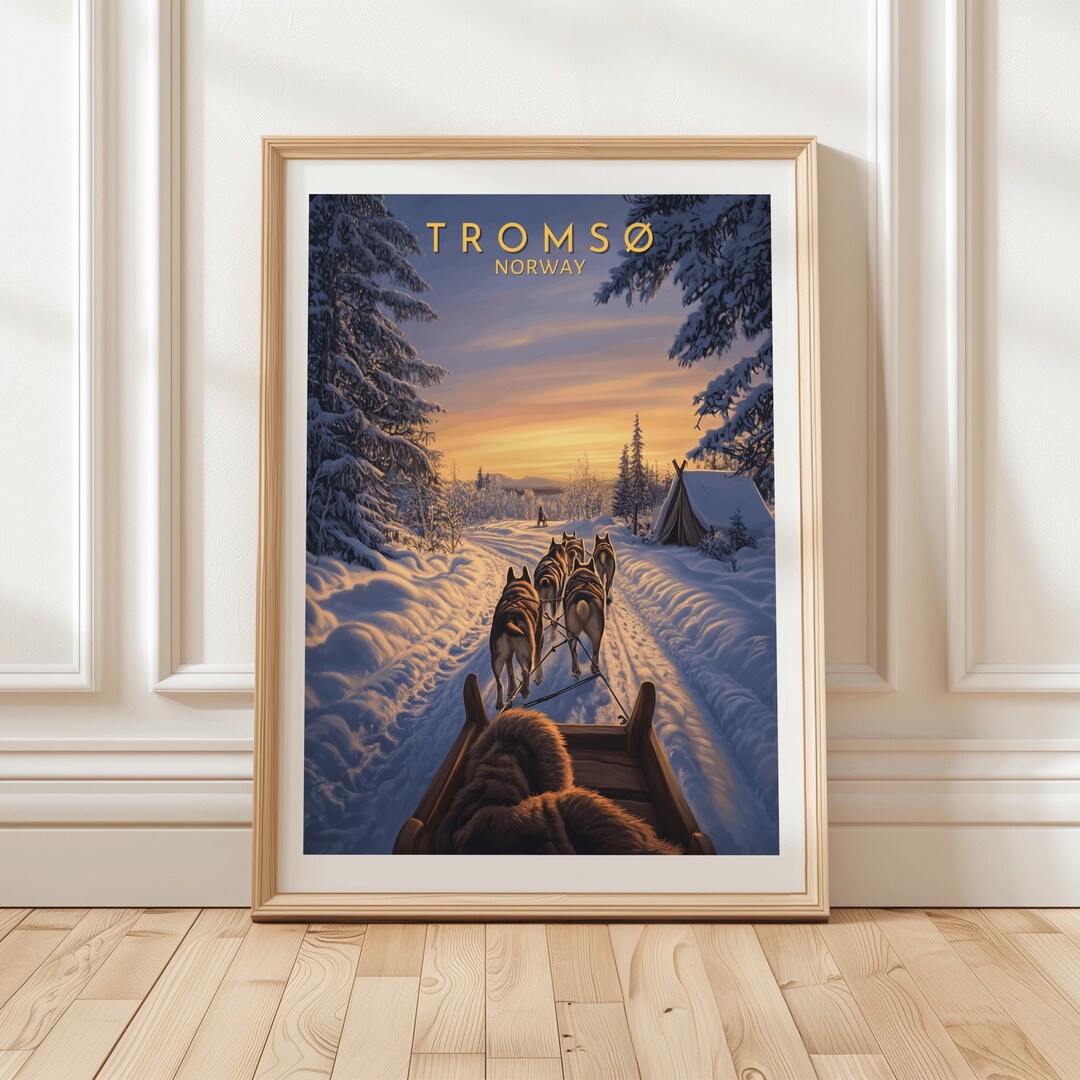 Tromso Travel Poster, Dog Sledding Art, Tromso Print, Norway Travel ...