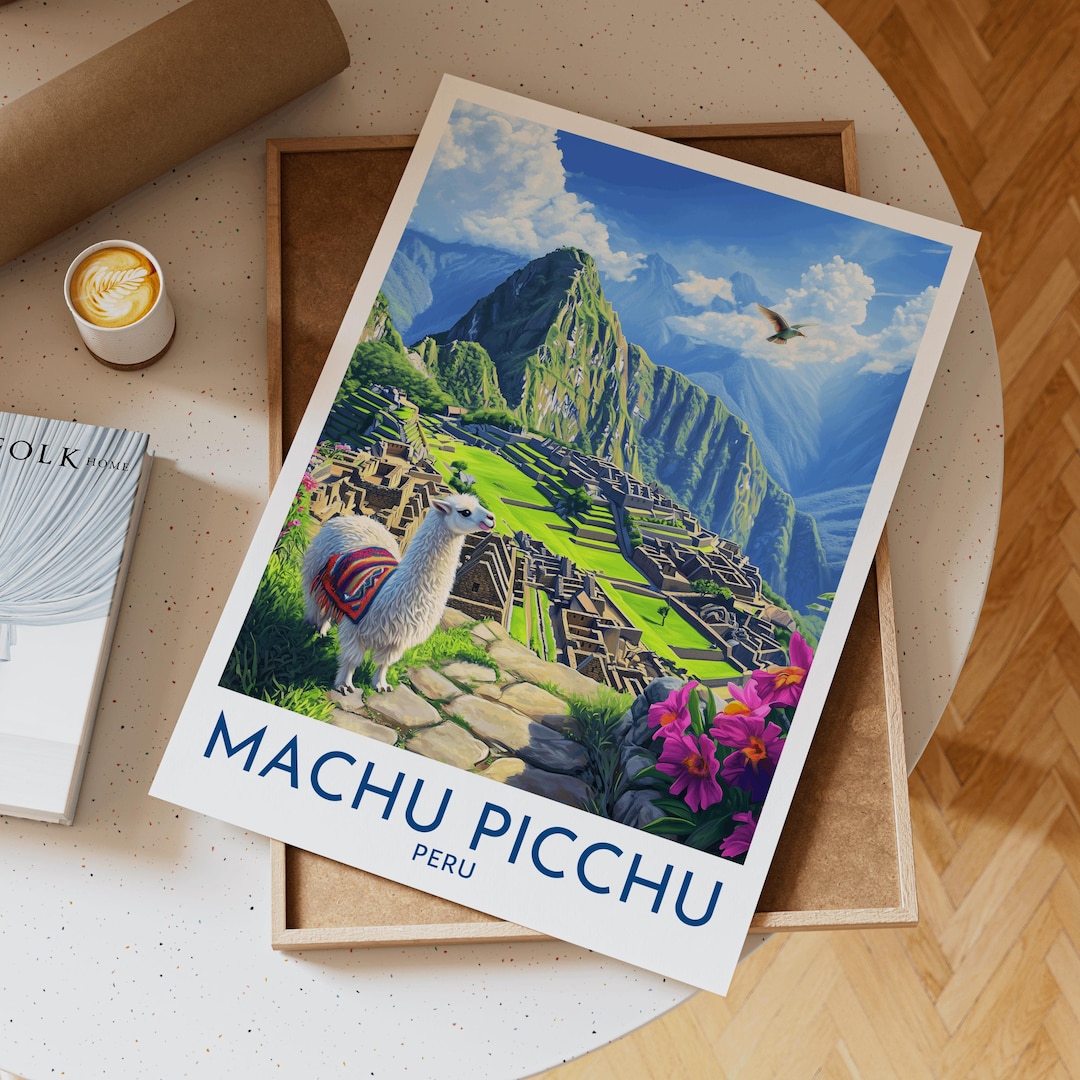 Machu Picchu Travel Poster With Llama in Traditional Blanket and Incan ...
