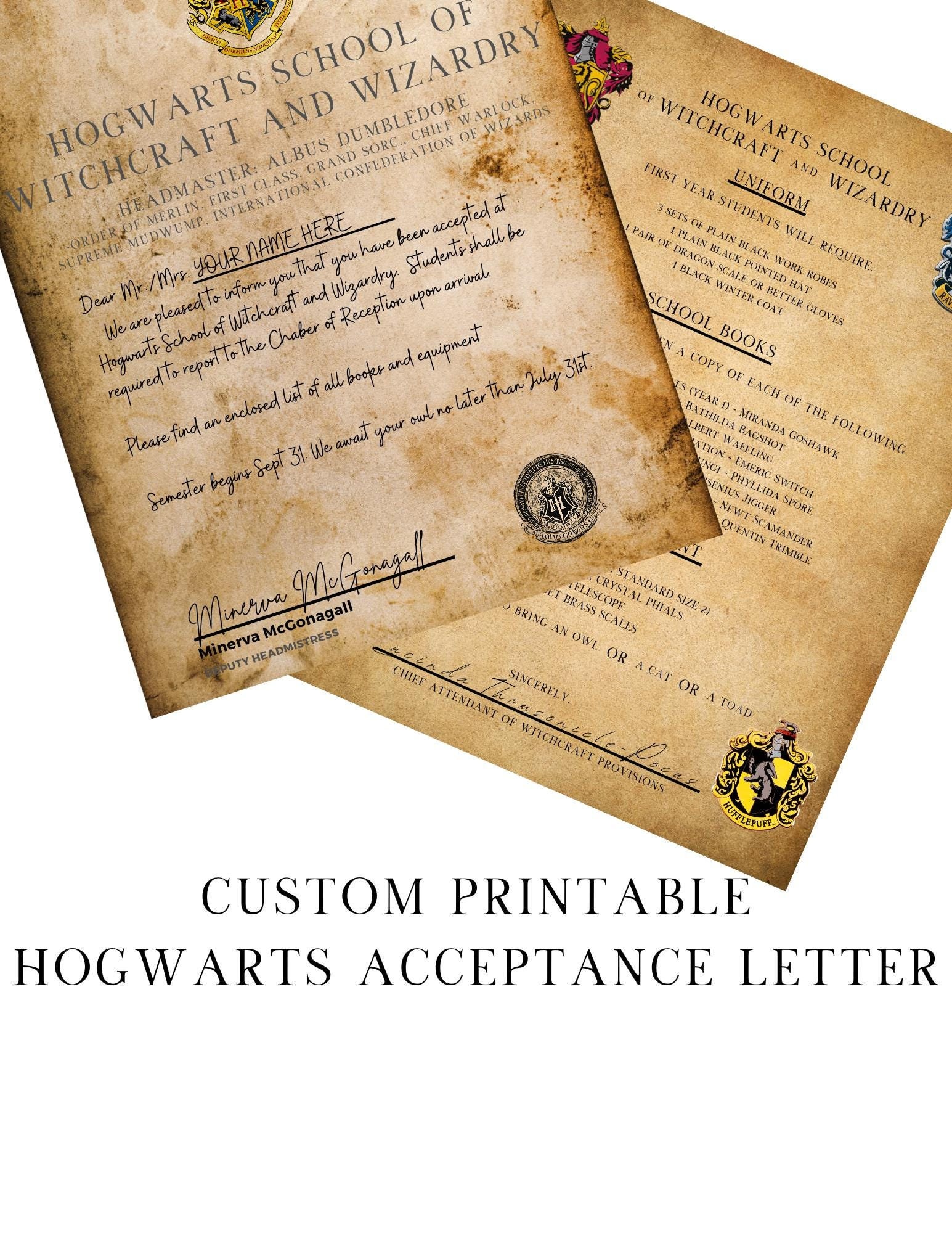 Hogwarts Acceptance Letter Harry Potter Gift for Kids Children Magic ...