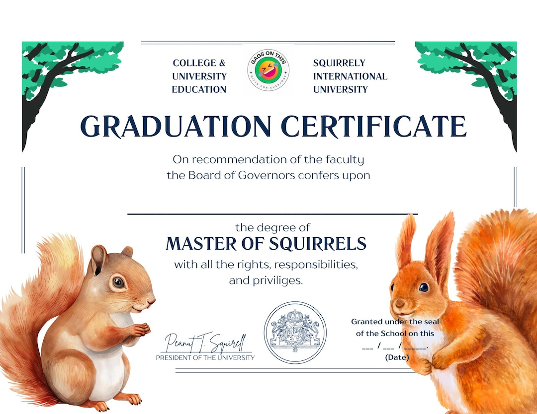 Personalized Squirrel University Certificate - Digital - Custom Squirrel Gag Diploma Fake ...