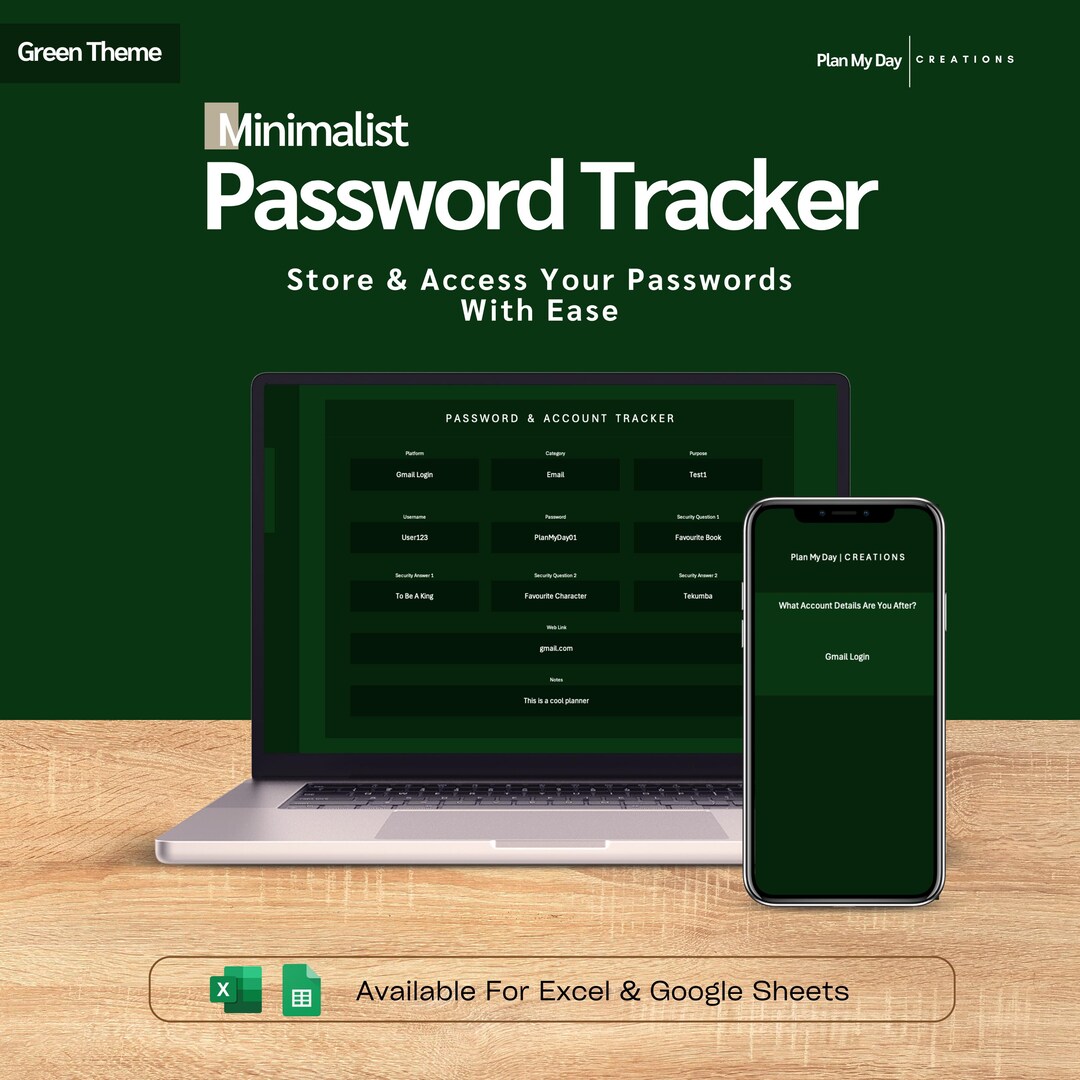 Simple Green Password Book | Excel Template | Google Sheets Spreadsheet ...