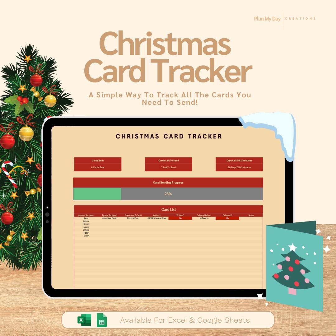 Christmas Card Excel Spreadsheet | Simple Christmas Card Tracker for ...