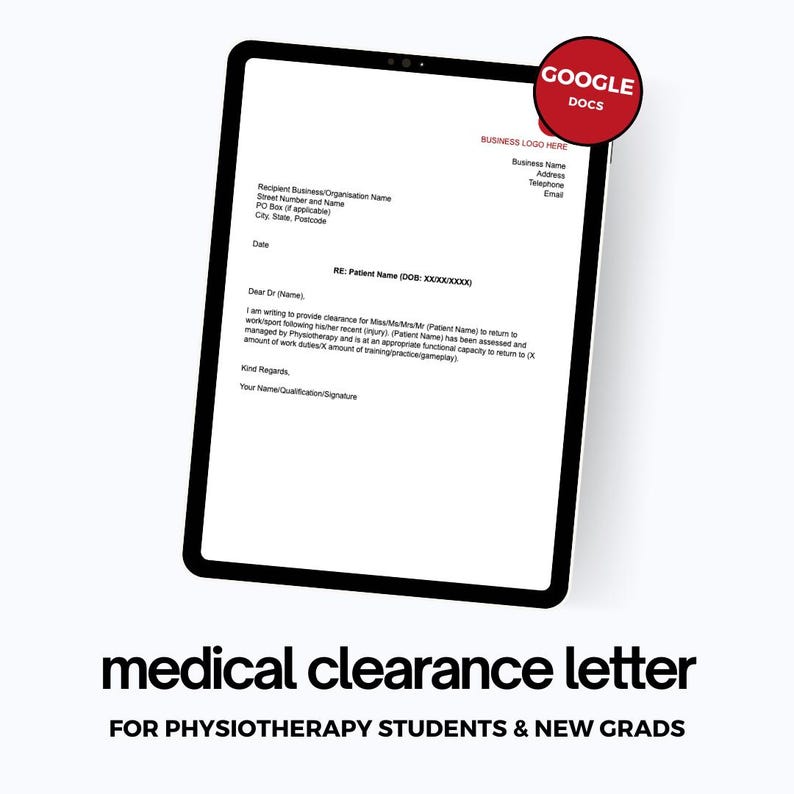 Physiotherapy Medical Clearance Letter Template | Editable PDF | Doctor ...