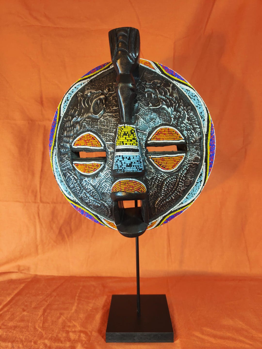 Akan Round African Mask – Hand-carved Wood, Beads & Metal – Tribal Wall ...