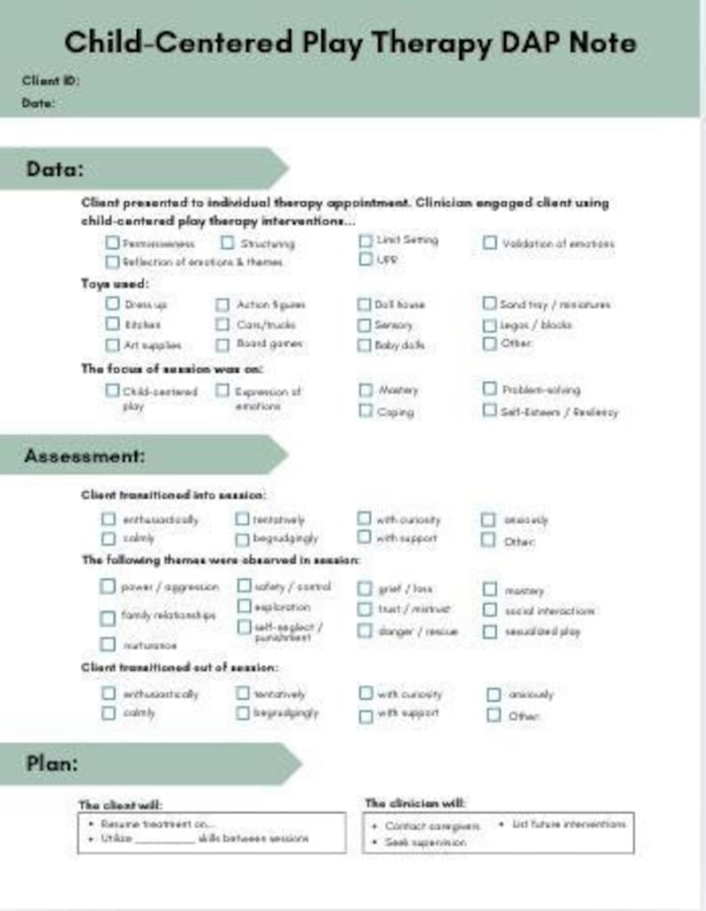 Play Therapy DAP Note Child Centered Template (GREEN) - Etsy