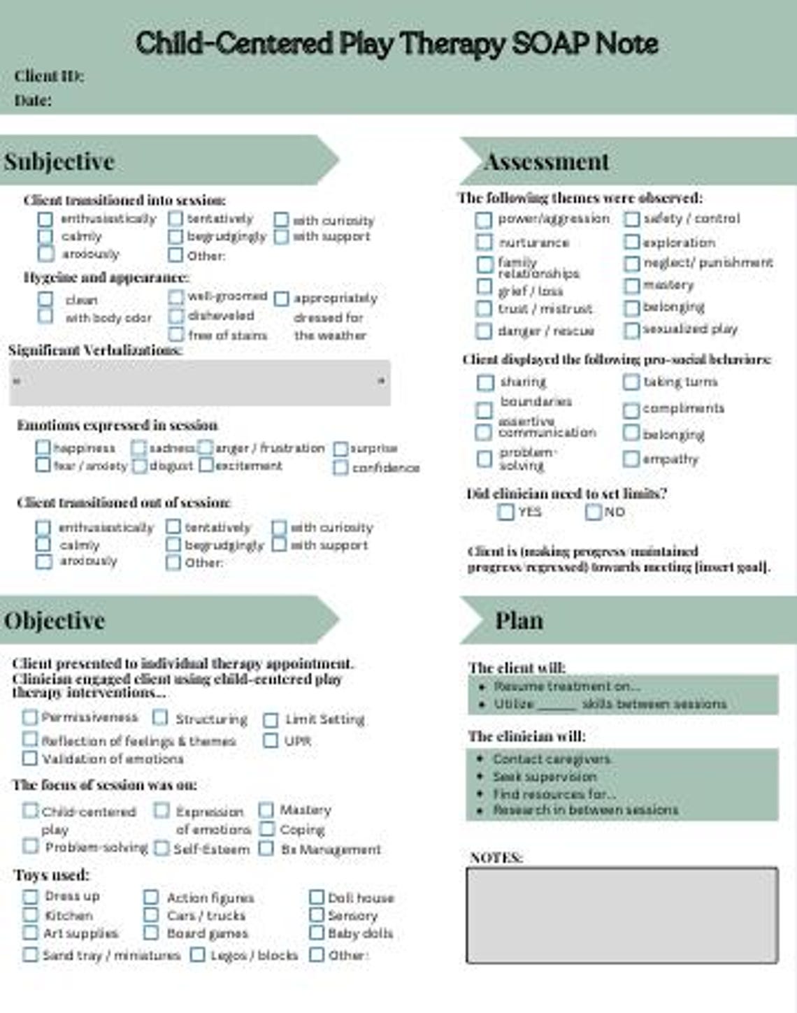 Play Therapy SOAP Note Template (GREEN) - Etsy