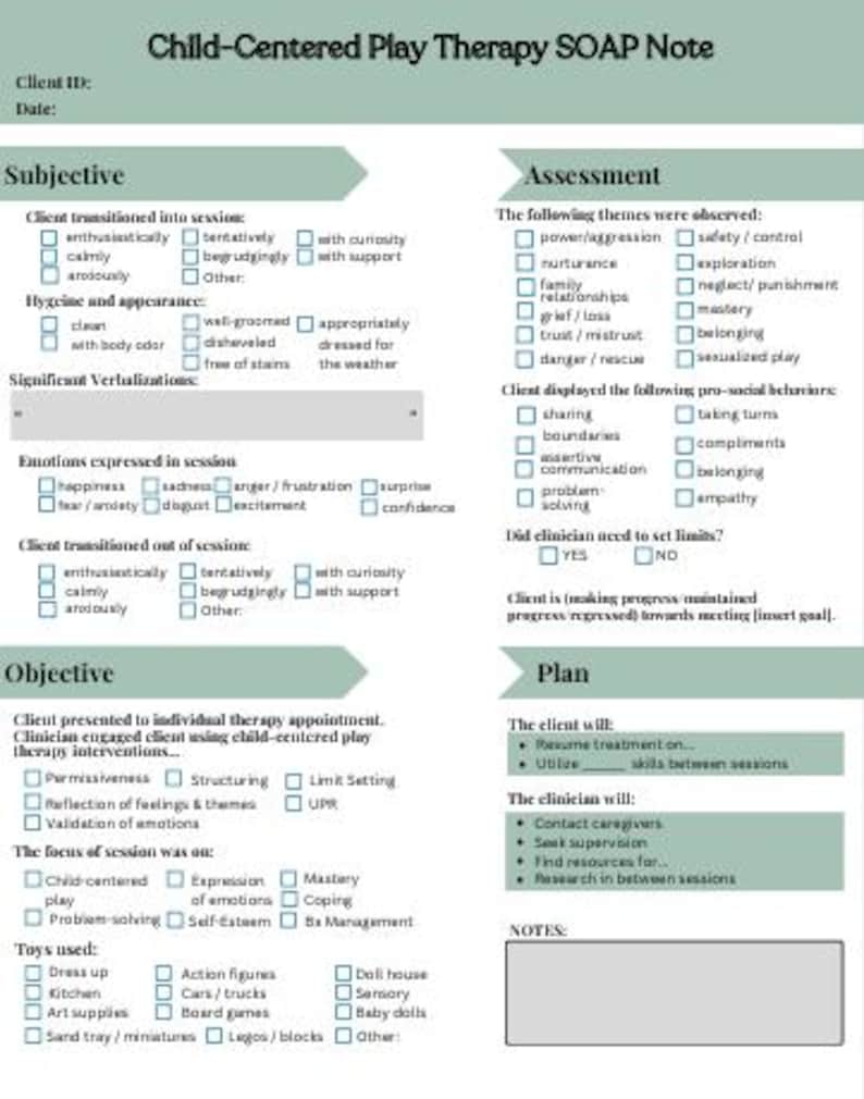 Play Therapy SOAP Note Template (GREEN) - Etsy