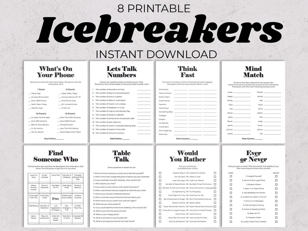 Printable Ice Breaker Games Bundle, 8 Modern Party Games for Work ...