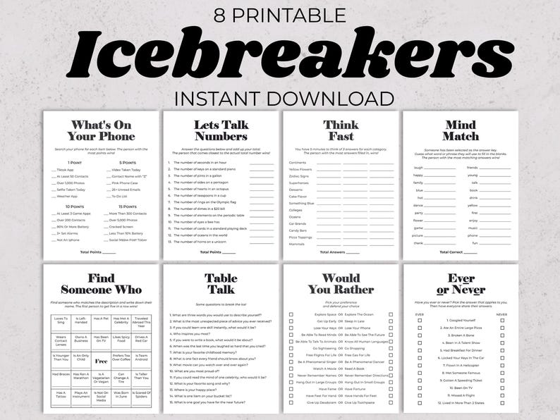 Printable Ice Breaker Games Bundle, 8 Modern Party Games for Work ...