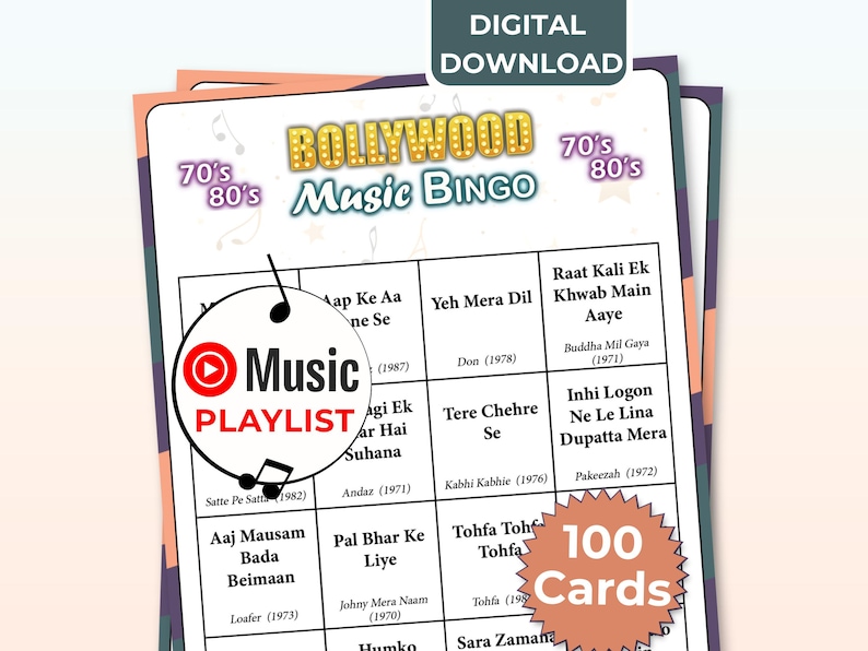 70s 80s Bollywood Music Bingo - 100 Printable Bingo Cards - Bollywood ...