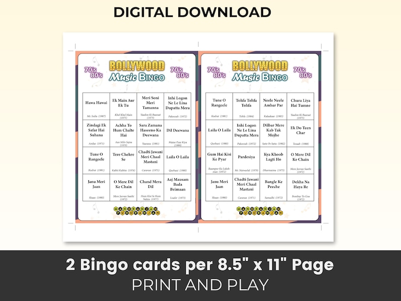 70s 80s Bollywood Music Bingo - 100 Printable Bingo Cards - Bollywood ...
