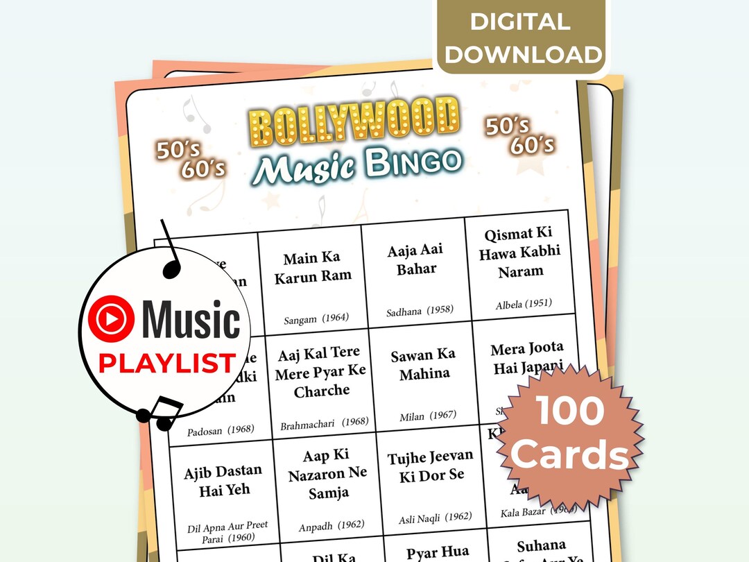 Bollywood Music Bingo Game: 50s and 60s Edition, Indian Wedding, Mehndi ...