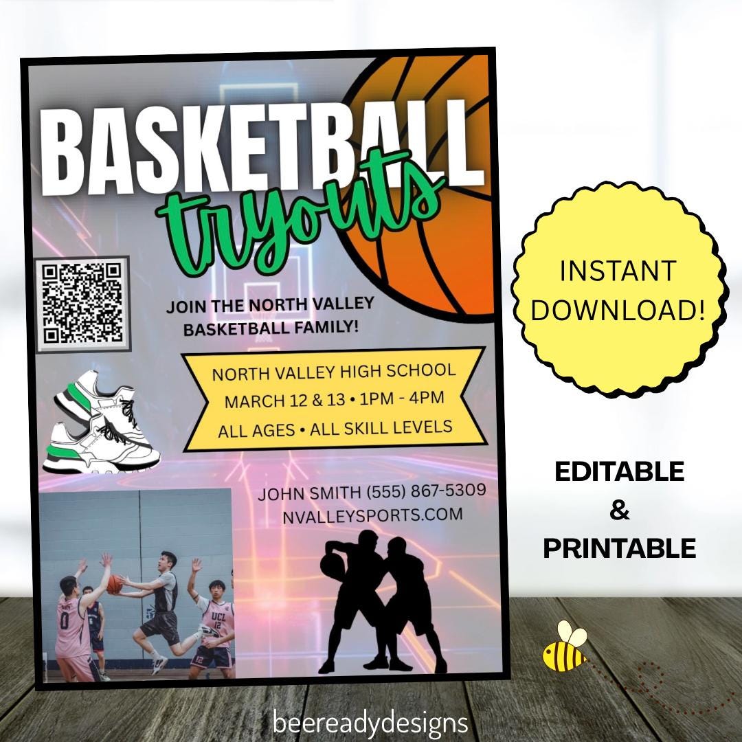 BASKETBALL Tryouts Flyer Template. Youth Sports Sign up Form. Editable ...