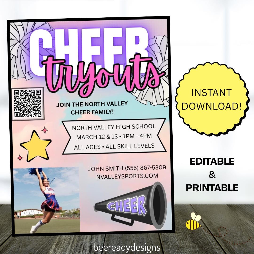 CHEERLEADING Tryouts Flyer Template. Youth Sports Sign up Form ...