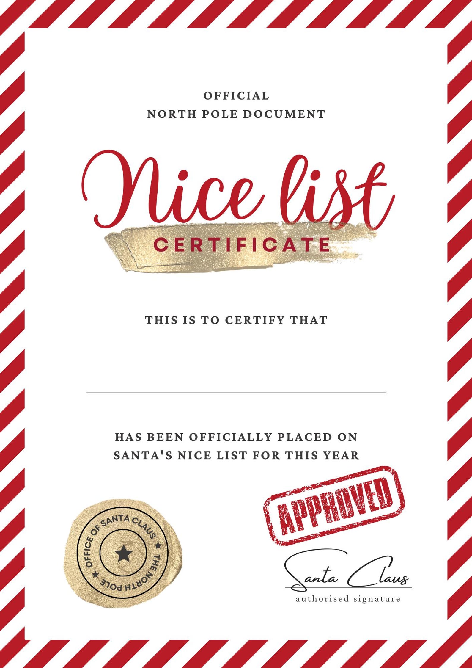 Parent and Teacher Approved: Santa's Nice List Christmas Certificate ...