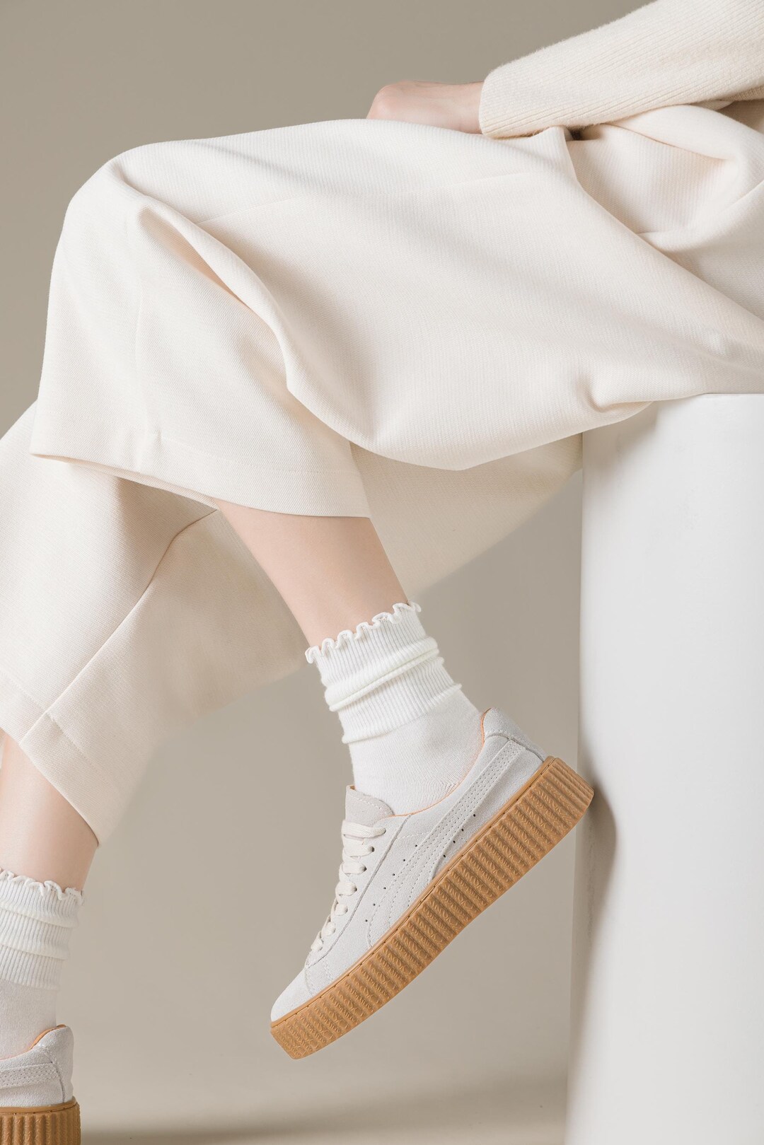 Women Ruffle-wool Lettuce Edge Ruffle Ankle Socks for Women, Cozy Knit ...