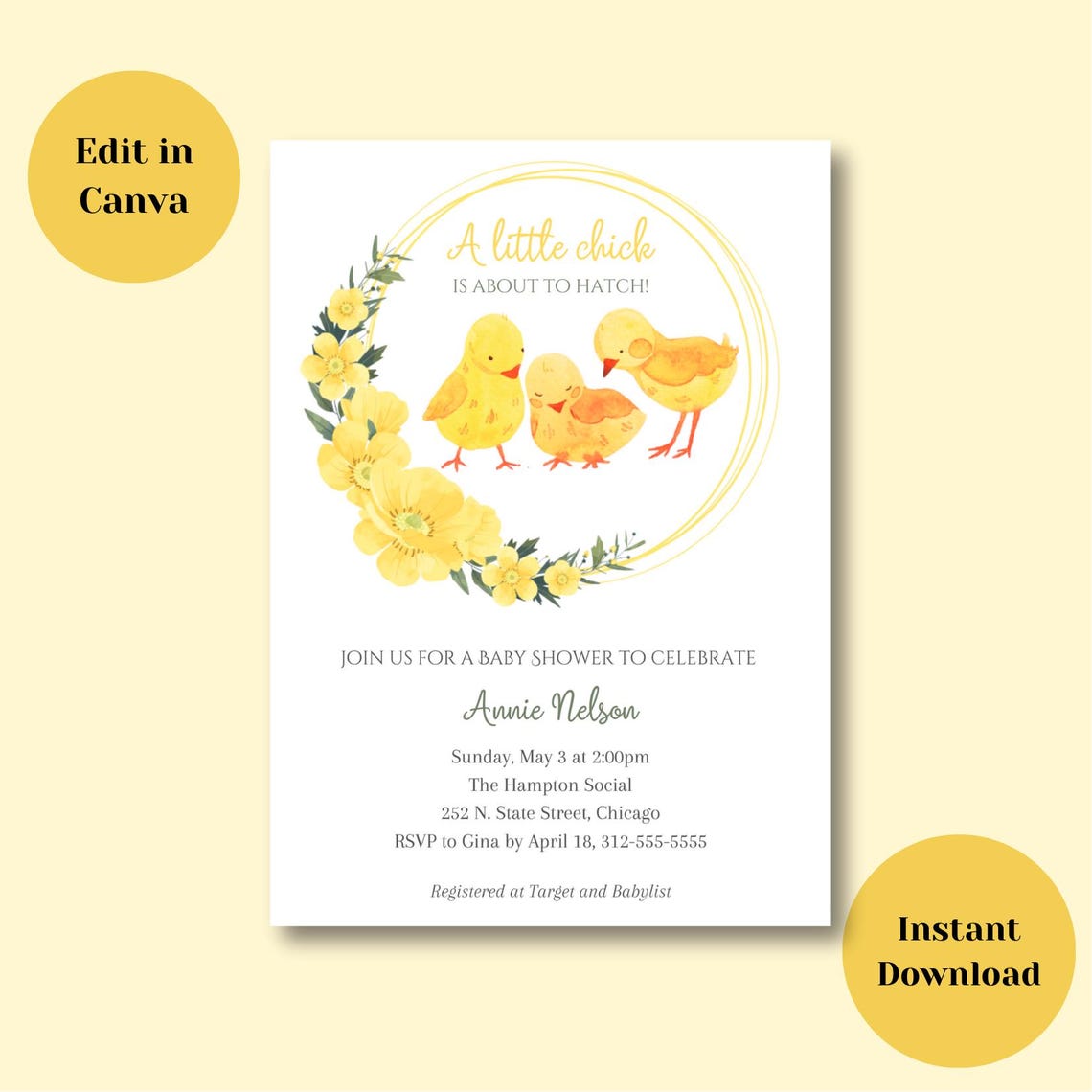 Editable Yellow Baby Shower Invitation, Electronic Baby Chick Shower ...