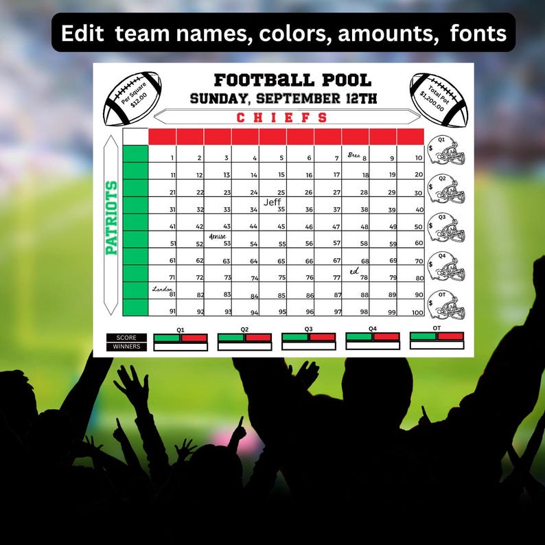 Editable Football Pool 100 Squares Chart: Game Day Fun (canva Template ...