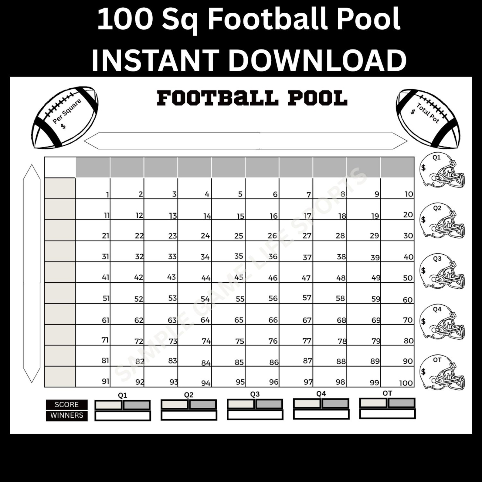 Football Squares Pool Chart, 100 Squares: Instant Download Fundraiser ...