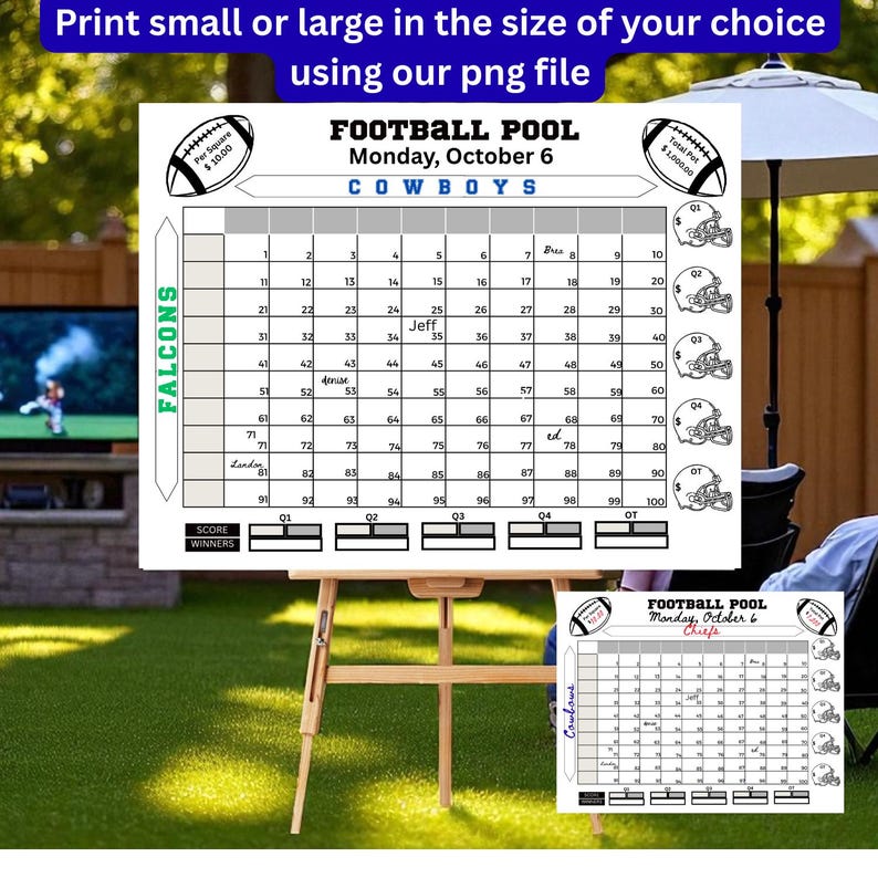 Football Squares Pool Chart, 100 Squares: Instant Download Fundraiser ...