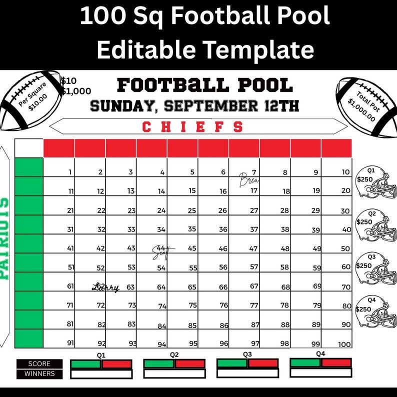 Editable Football Pool 100 Squares Chart: Game Day Fun (canva Template ...