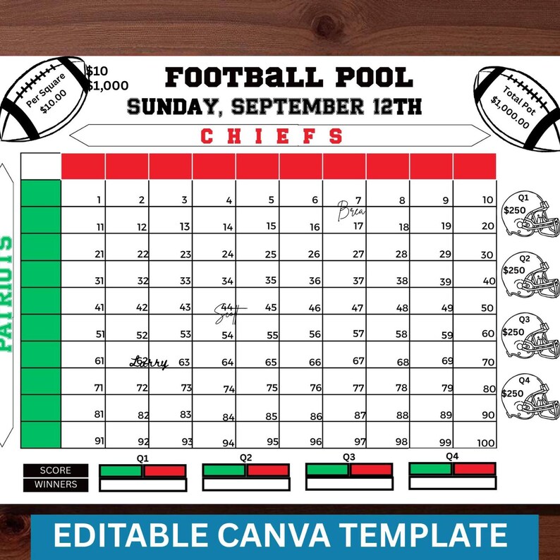 Editable Football Pool 100 Squares Chart: Game Day Fun (canva Template ...