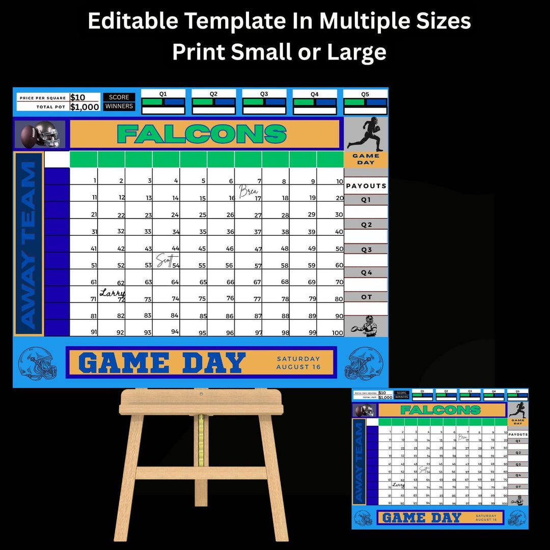 Football Squares Printable Instant Download - 100 Square Pool Grid ...