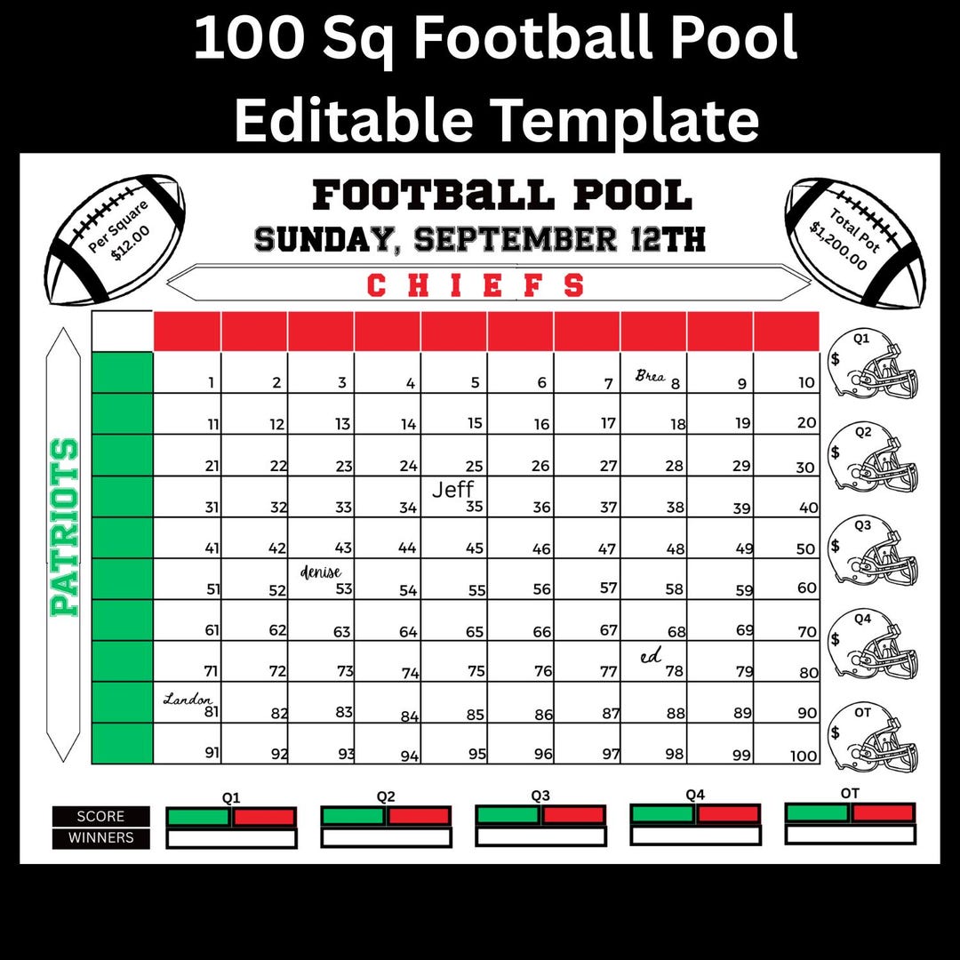 Editable Football Pool 100 Squares Chart: Game Day Fun (canva Template ...
