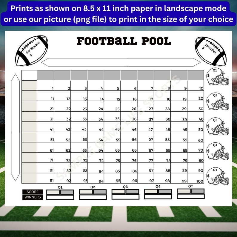 Football Squares Pool Chart, 100 Squares: Instant Download Fundraiser ...