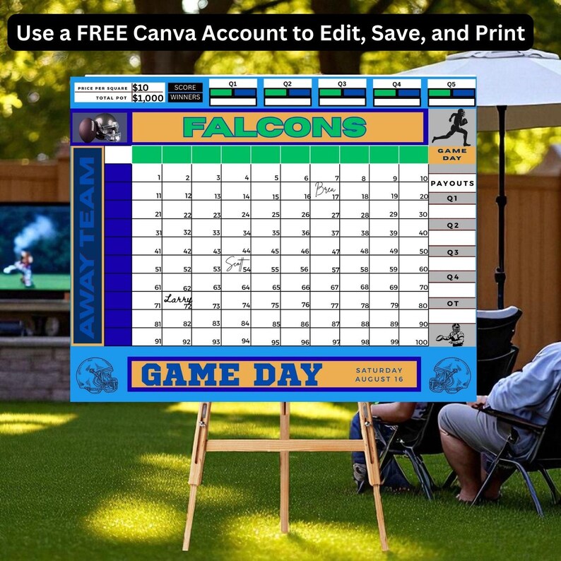 Football Squares Printable Instant Download - 100 Square Pool Grid ...