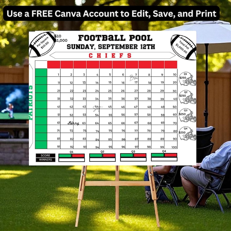Editable Football Pool 100 Squares Chart: Game Day Fun (canva Template ...