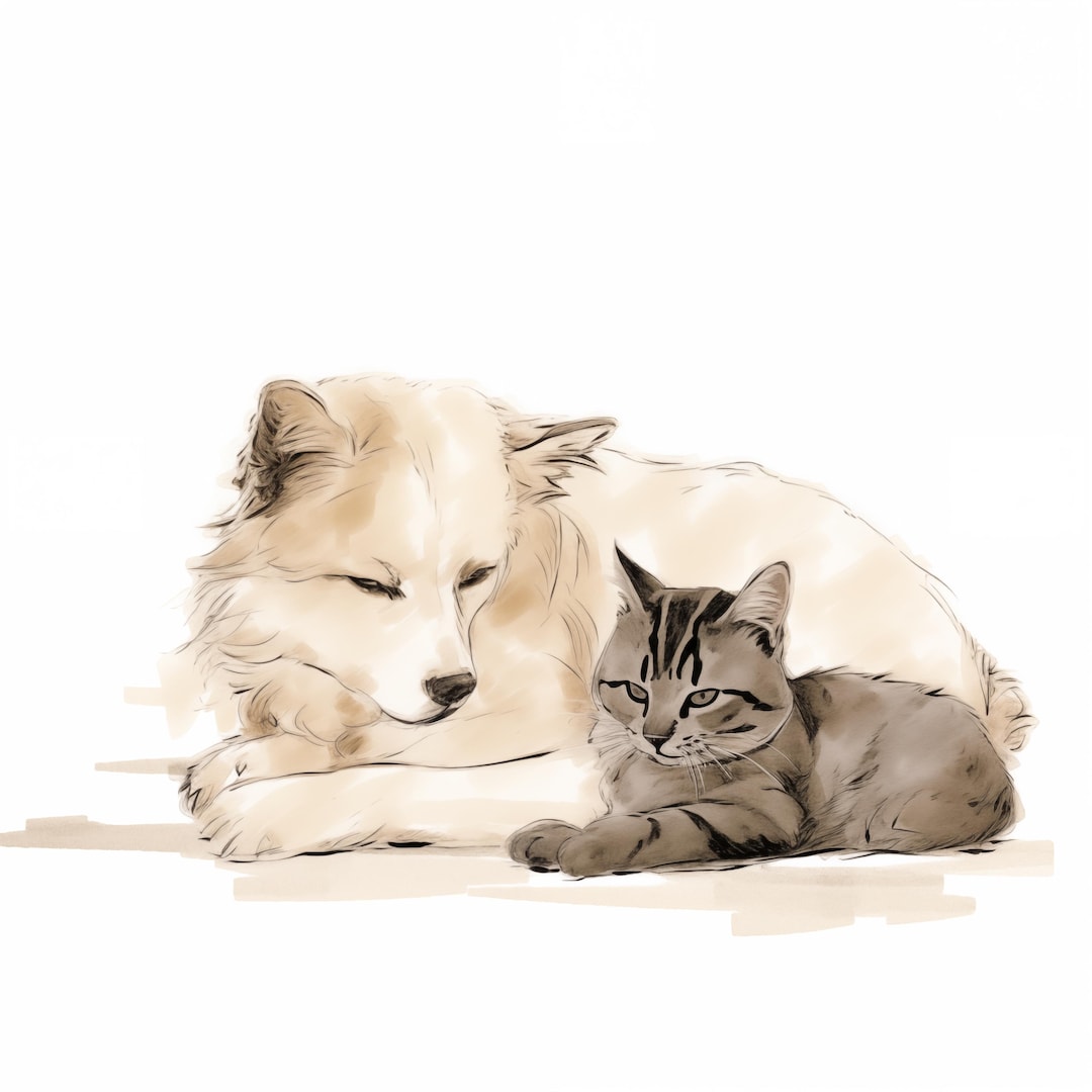 Dog and Cat Cuddling Session Painting - Heartwarming Pet Portrait, Cozy ...