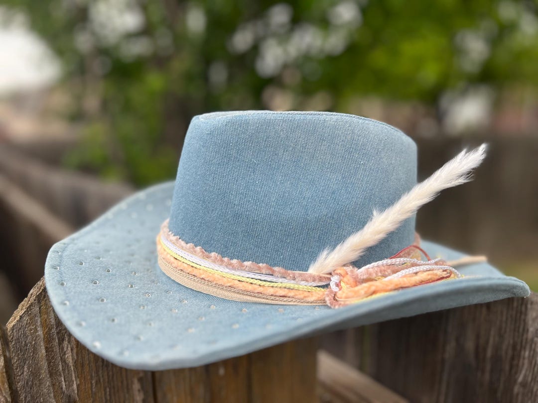 Custom Design Hat/ Light Blue Denim Hat/rhinestone Cowgirl Hat/cowgirl ...